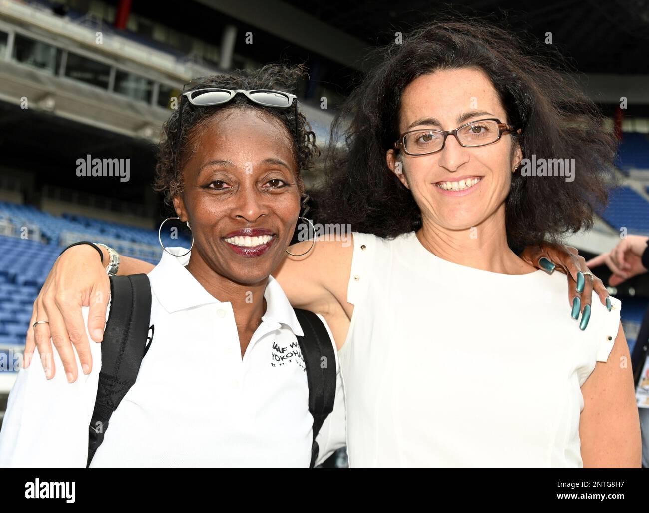 Gail Devers (left) and Laura Arcoleo pose during a news conference ...
