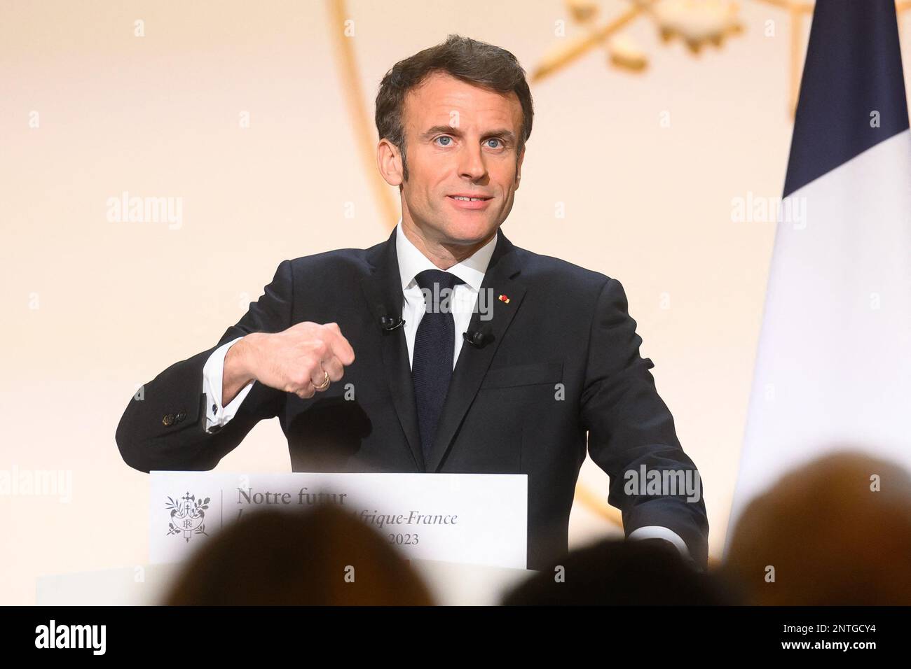Paris, France on February 27, 2023. President Emmanuel Macron gives a ...