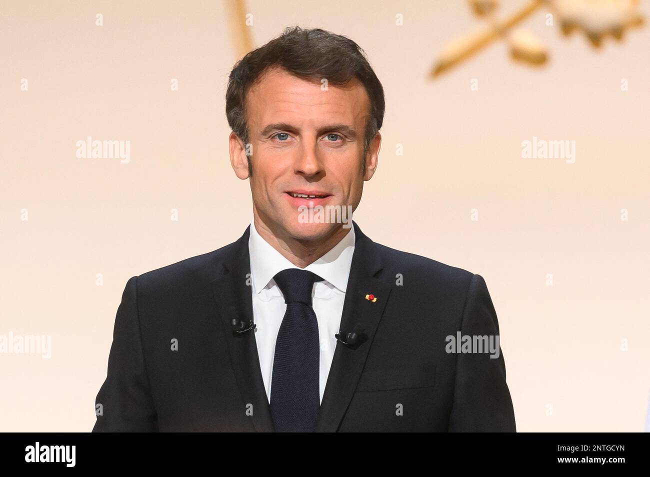 Paris, France on February 27, 2023. President Emmanuel Macron gives a ...