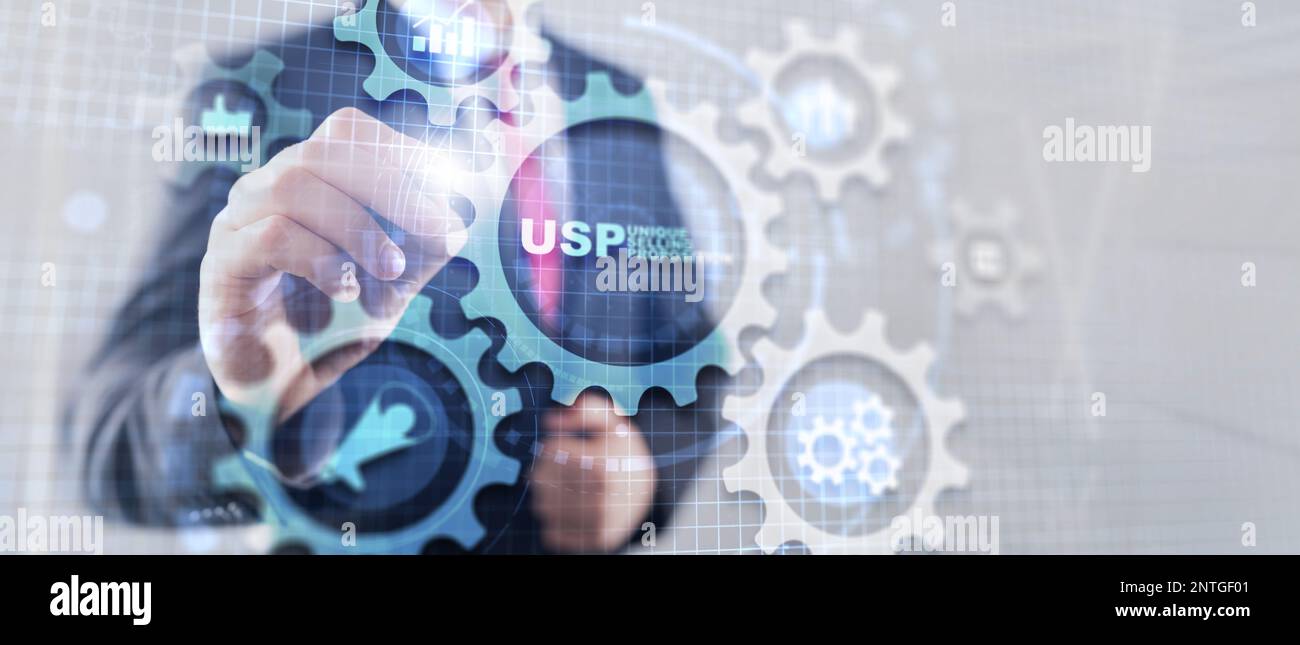 Unique Selling Point. Hand touching USP inscription, new technology ...