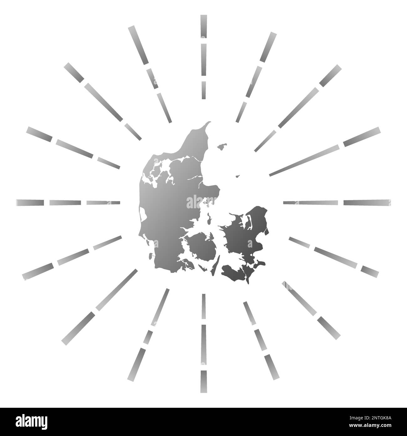 Denmark gradiented sunburst. Map of the country with colorful star rays ...