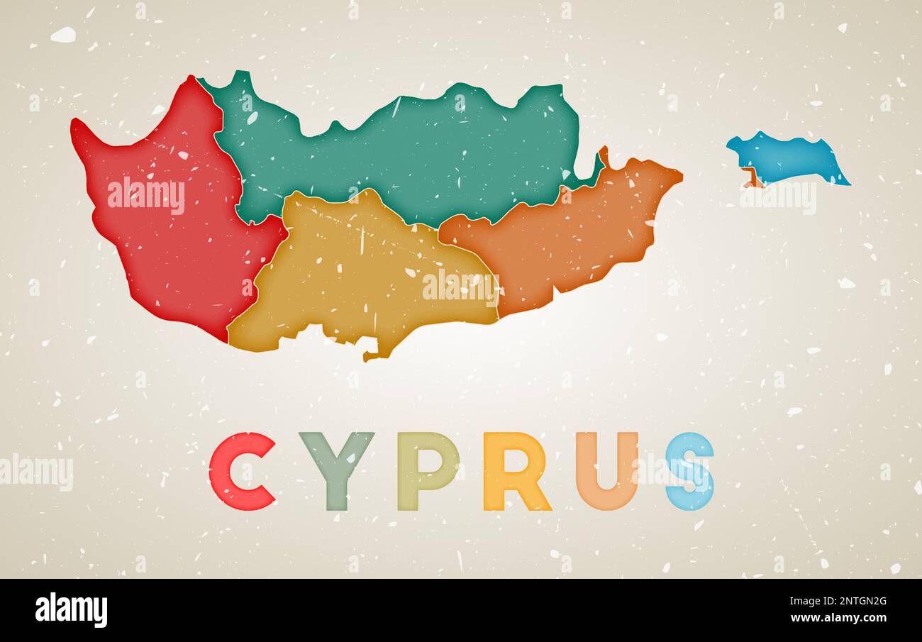 Cyprus map. Country poster with colored regions. Old grunge texture ...