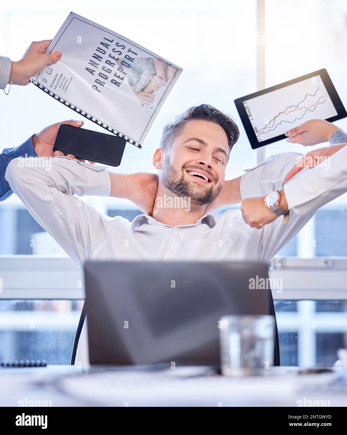 Business man, time and relax in office after finishing tasks, projects ...