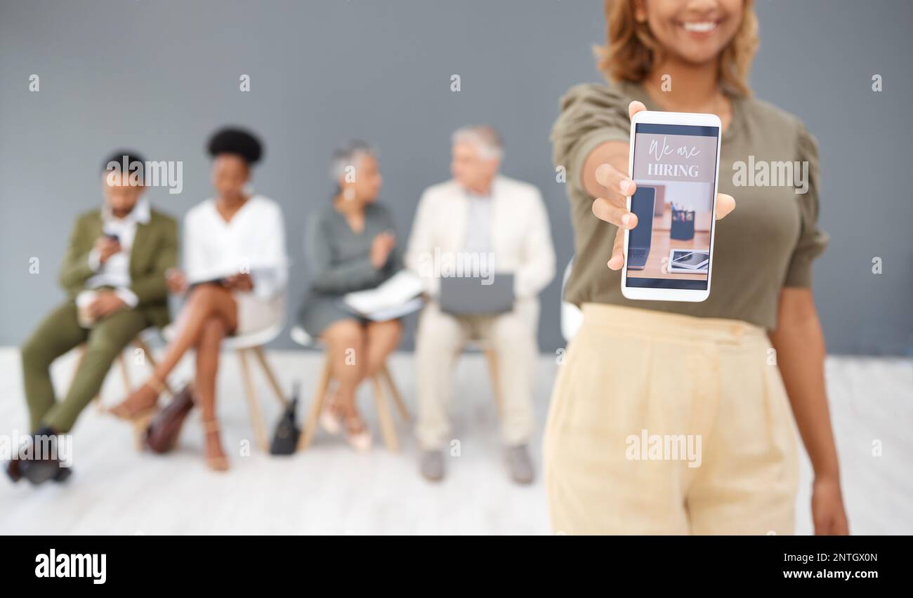 We are hiring, woman and smartphone with connection, recruitment and ...