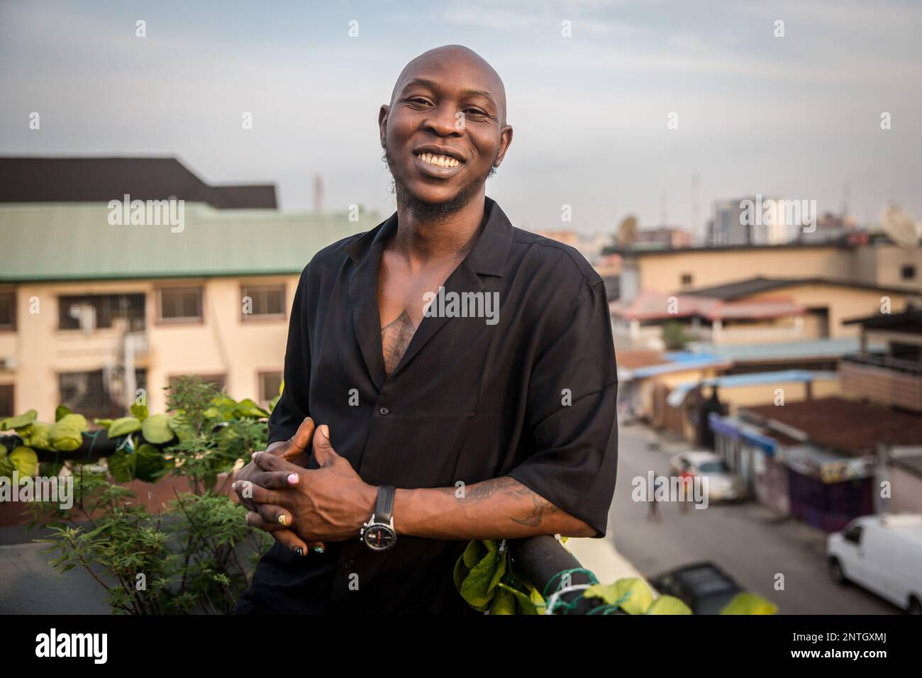 Musician Seun Kuti seen on the rooftop bar at the Kalakuta Museum, the ...