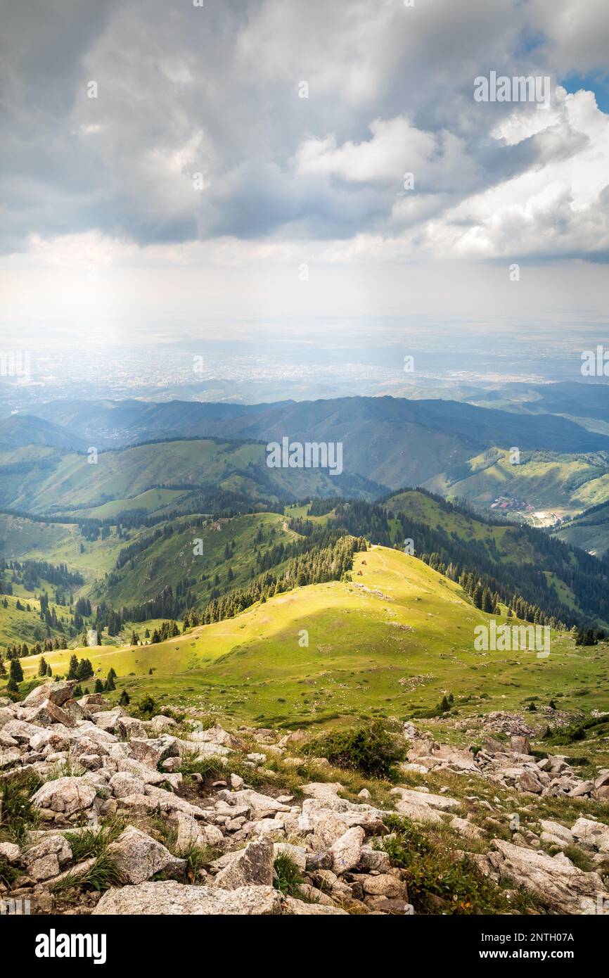 Almaty summer mountains, view from Panorama peak. Copy space, vertical ...