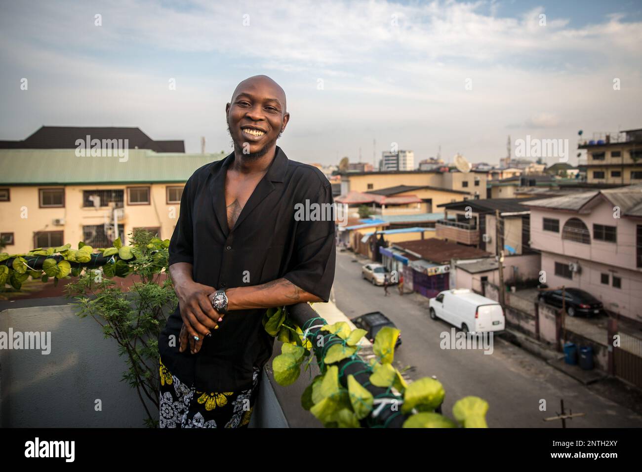 Musician Seun Kuti seen on the rooftop bar at the Kalakuta Museum, the ...
