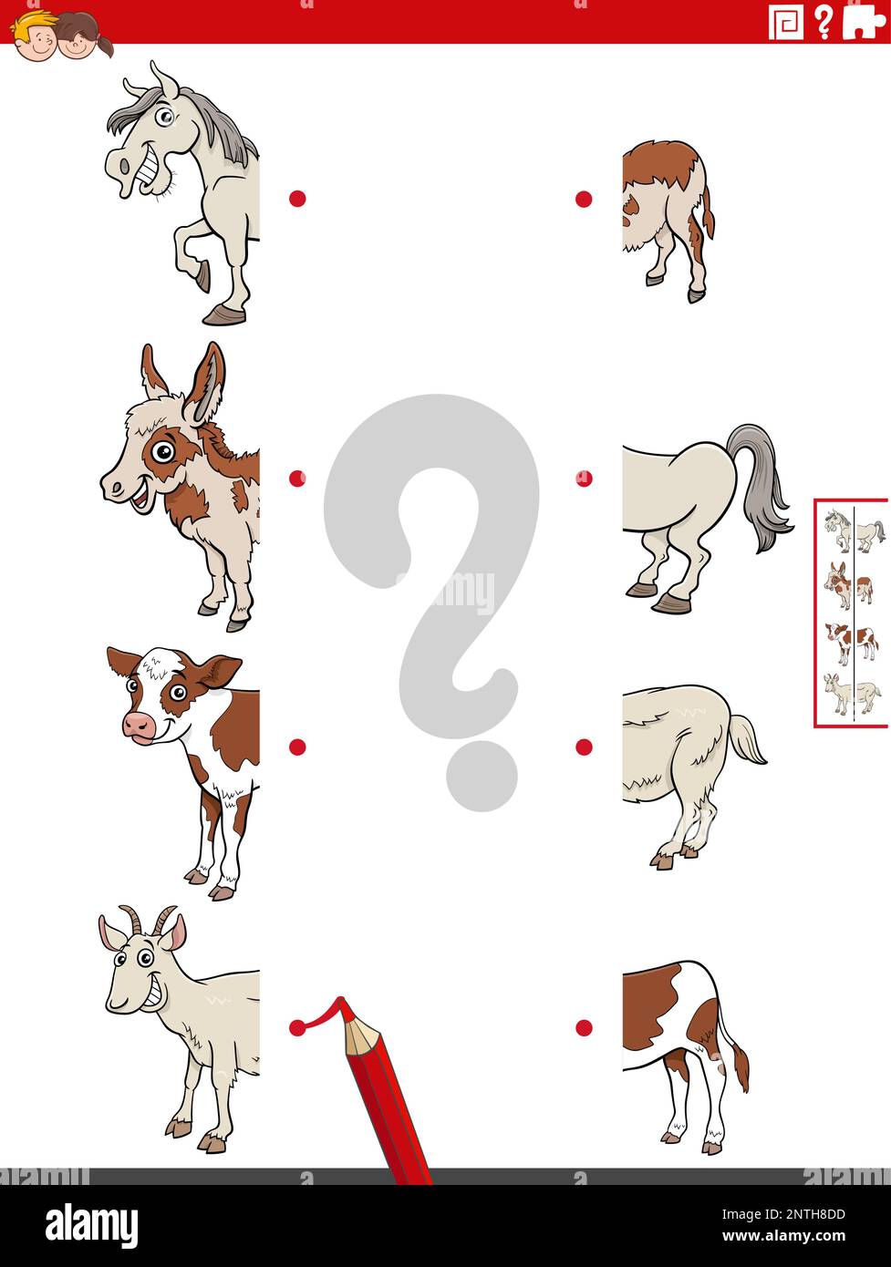 Cartoon illustration of educational game of matching halves of pictures ...