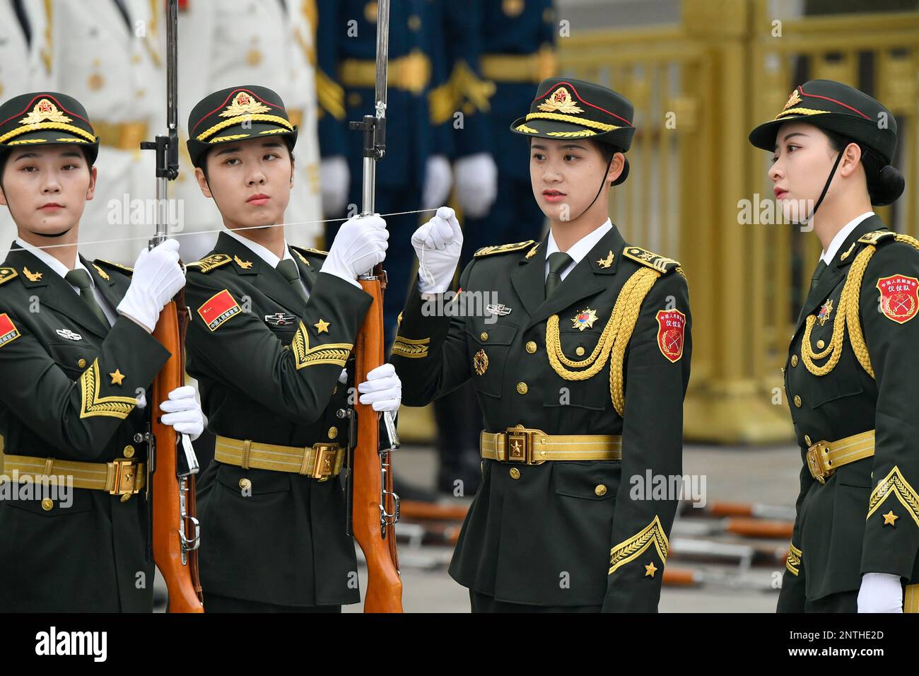 A Chinese People's Liberation Army (PLA) honor guard prepares for a ...