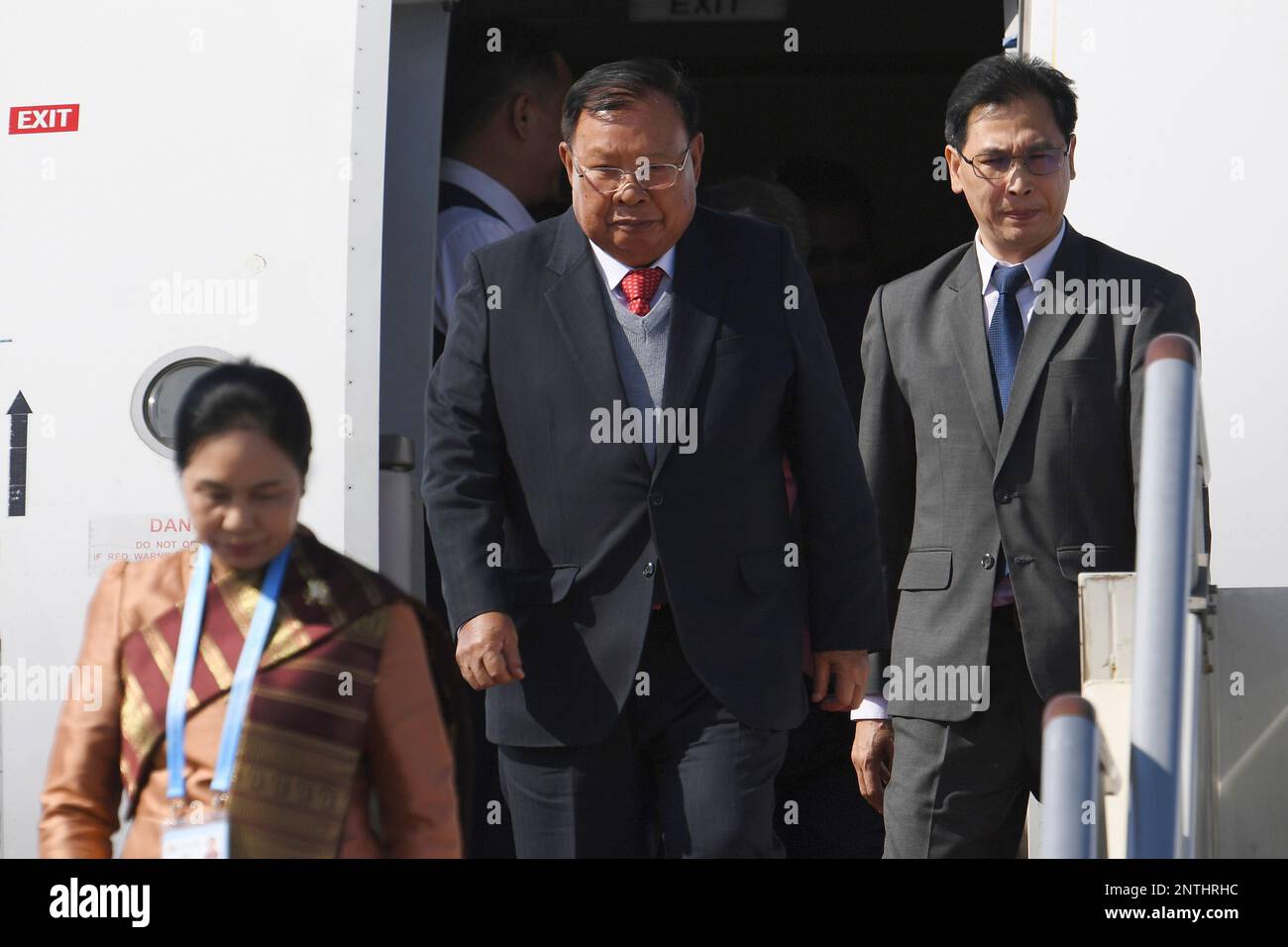 Laos President Bounnhang Vorachith, center, arrives at Beijing airport to attend the Belt and ...
