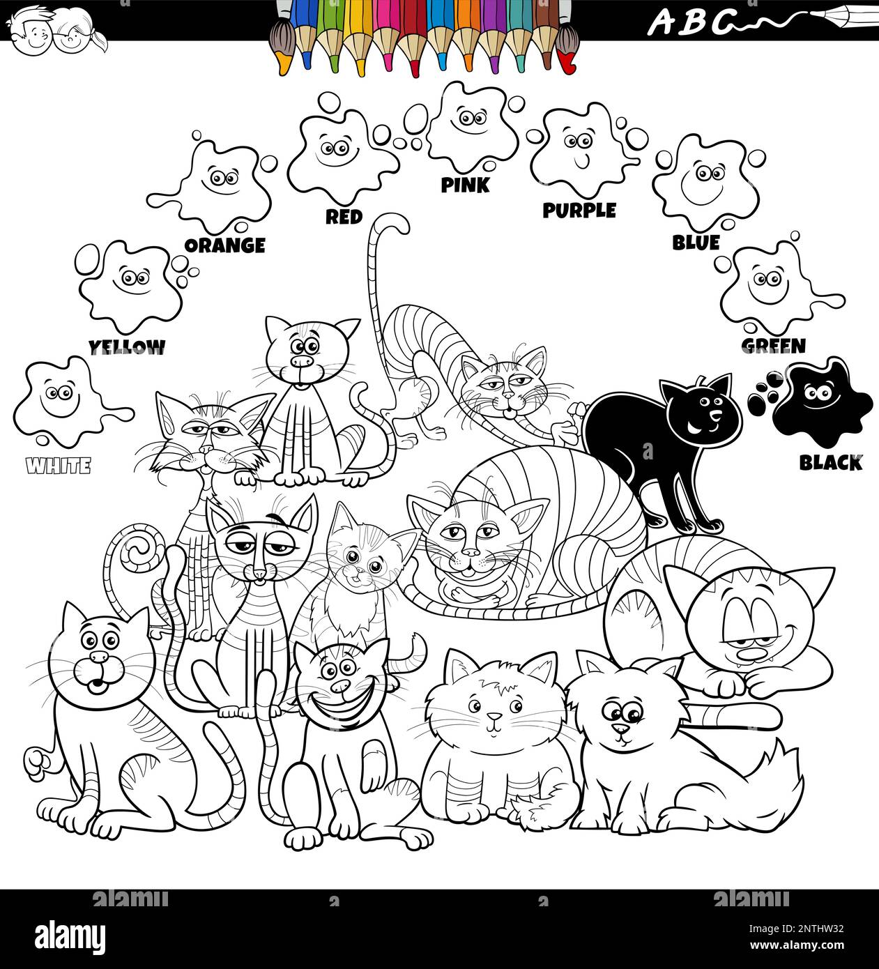 Black and white educational cartoon illustration of basic colors with ...