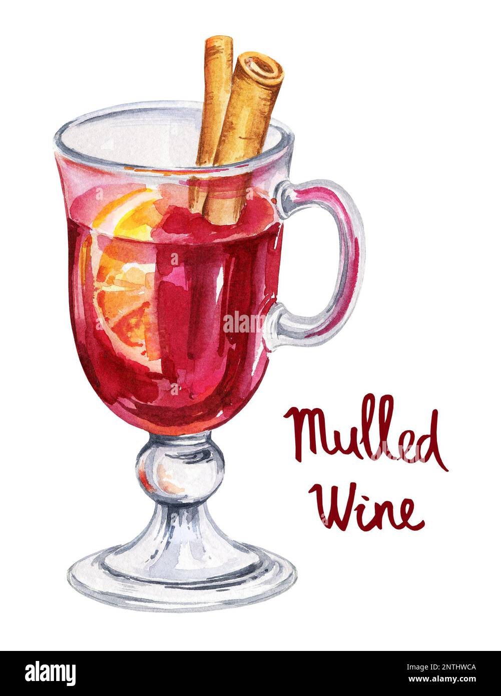 Watercolour mulled wine, glass with cinnamon and orange, hand drawn ...