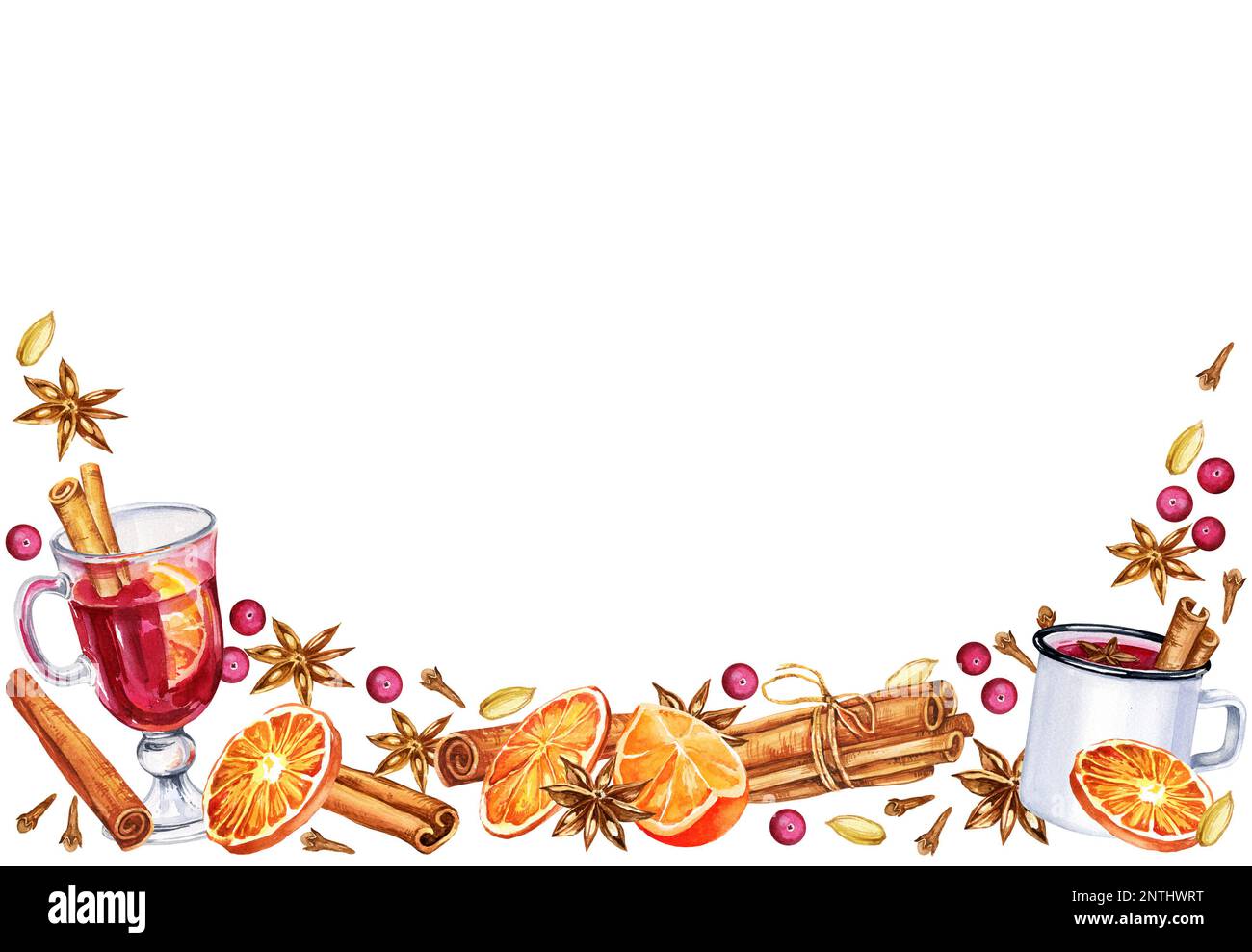 Watercolour border with mulled wine, glass and ingredients, hand drawn ...