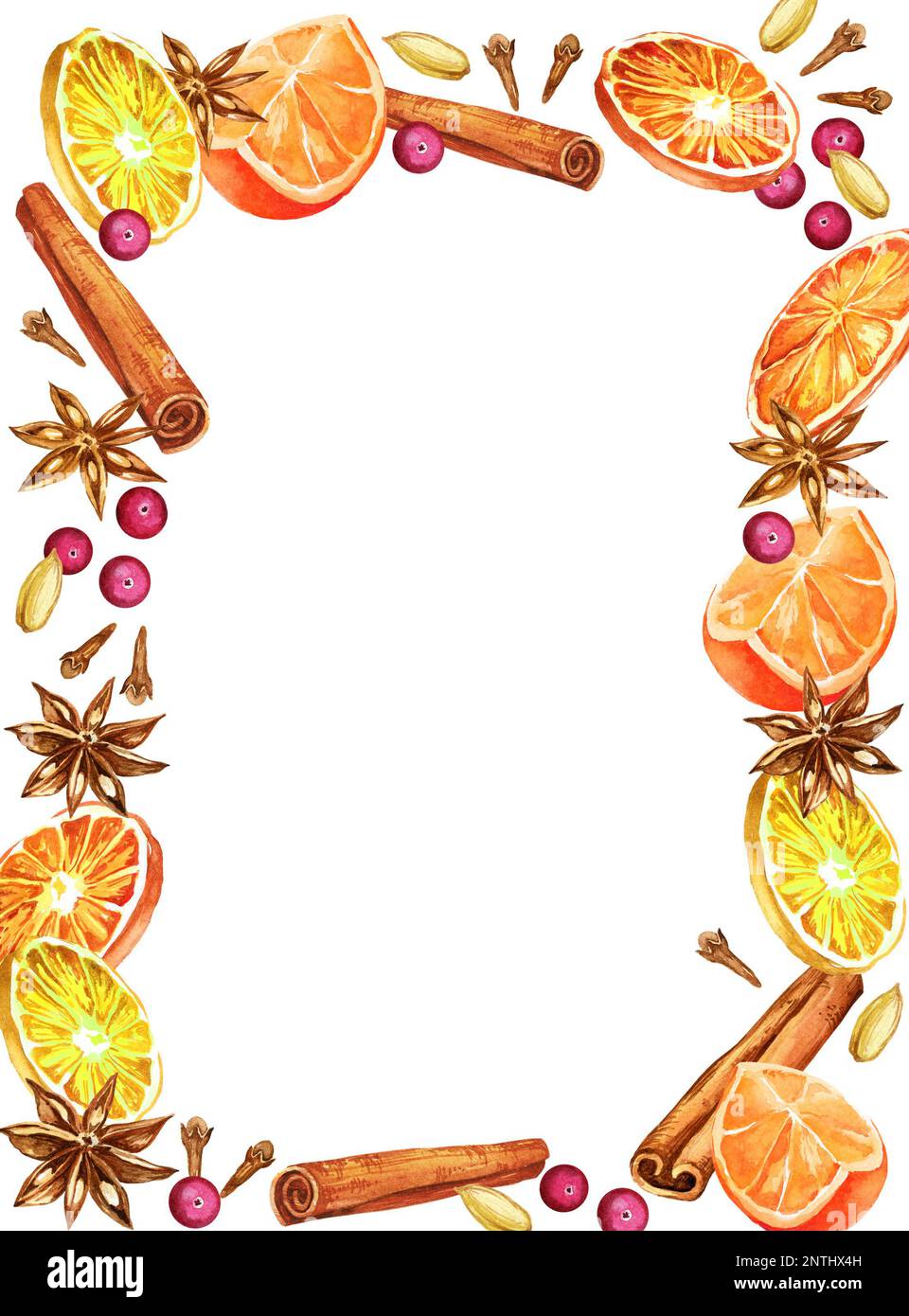 Watercolour border with mulled wine, glass and ingredients, hand drawn ...