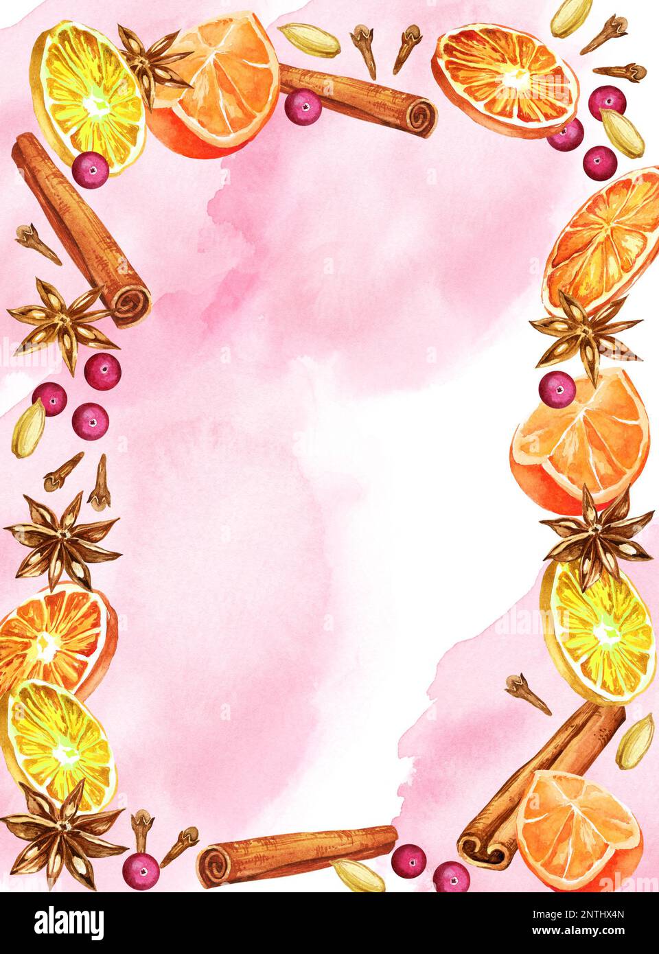 Watercolour border with mulled wine, glass and ingredients, hand drawn ...
