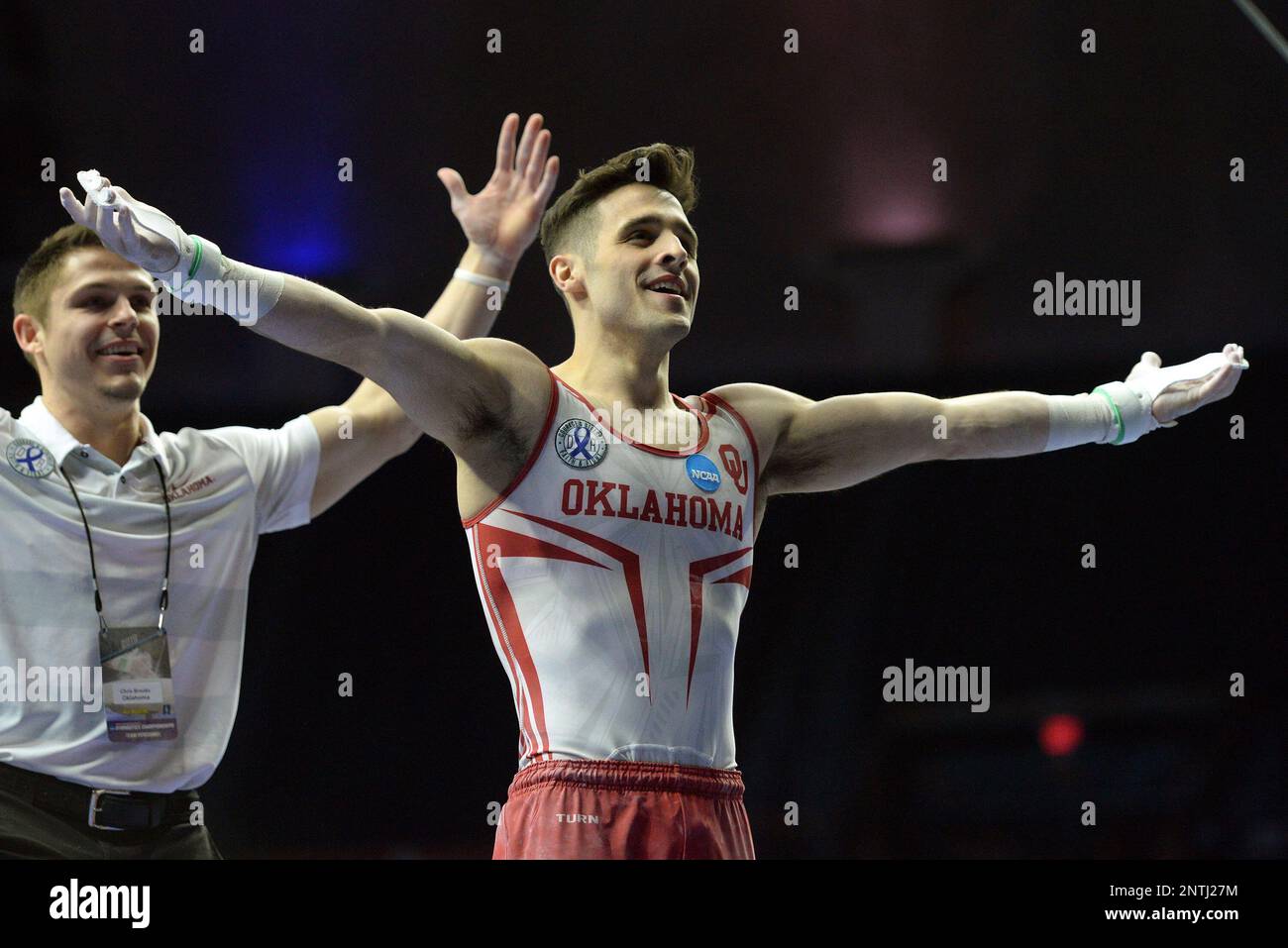 CHAMPAIGN, IL - APRIL 20: Oklahoma Sooners gymnast Levi Anderson reacts ...