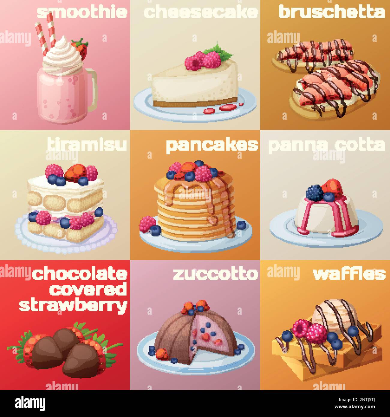 Berry dessert collection. Cartoon style vector icons. Berry sweet food illustration set on ...