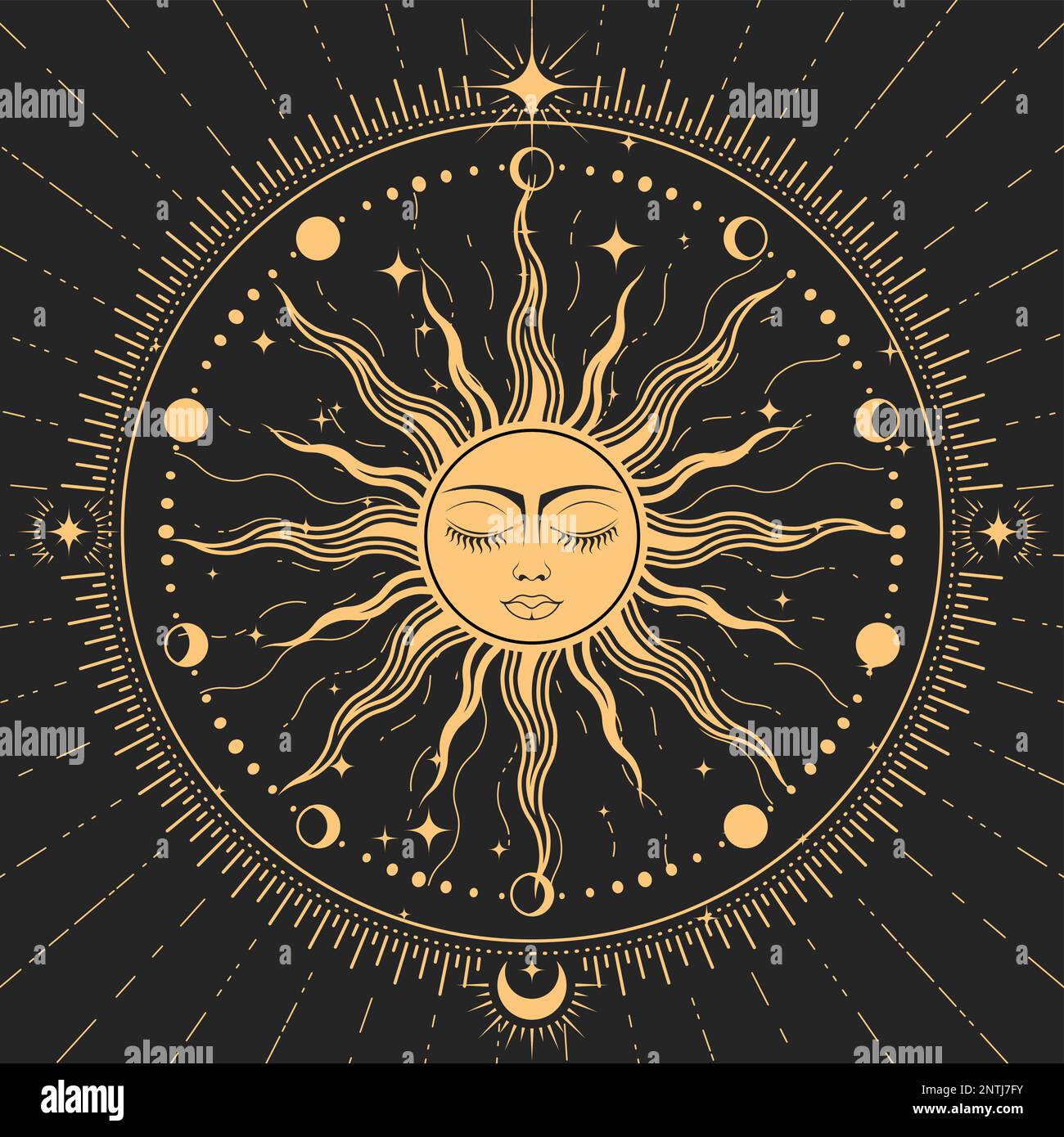Sleeping sun with closed eyes, astrology symbol, sun with face in ...