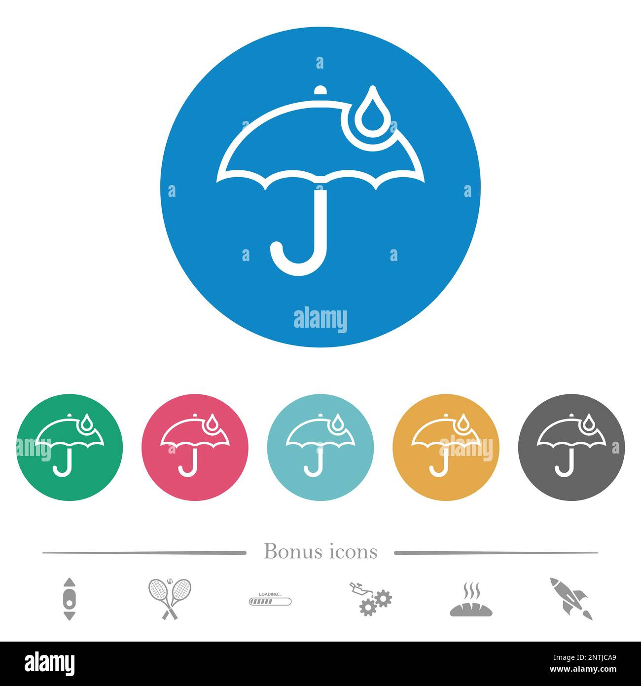 Umbrella with single raindrop outline flat white icons on round color backgrounds. 6 bonus icons ...