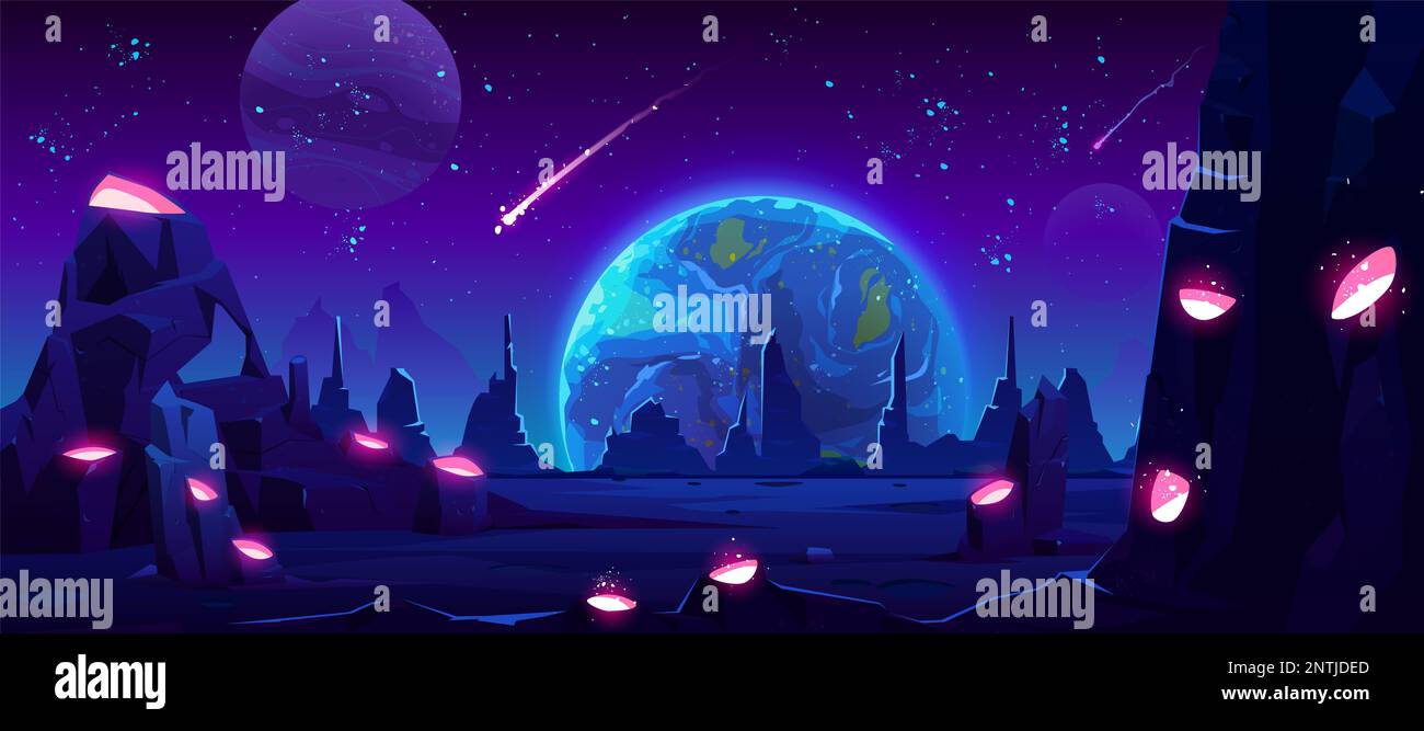 Earth view at night from alien planet, neon space background with ...