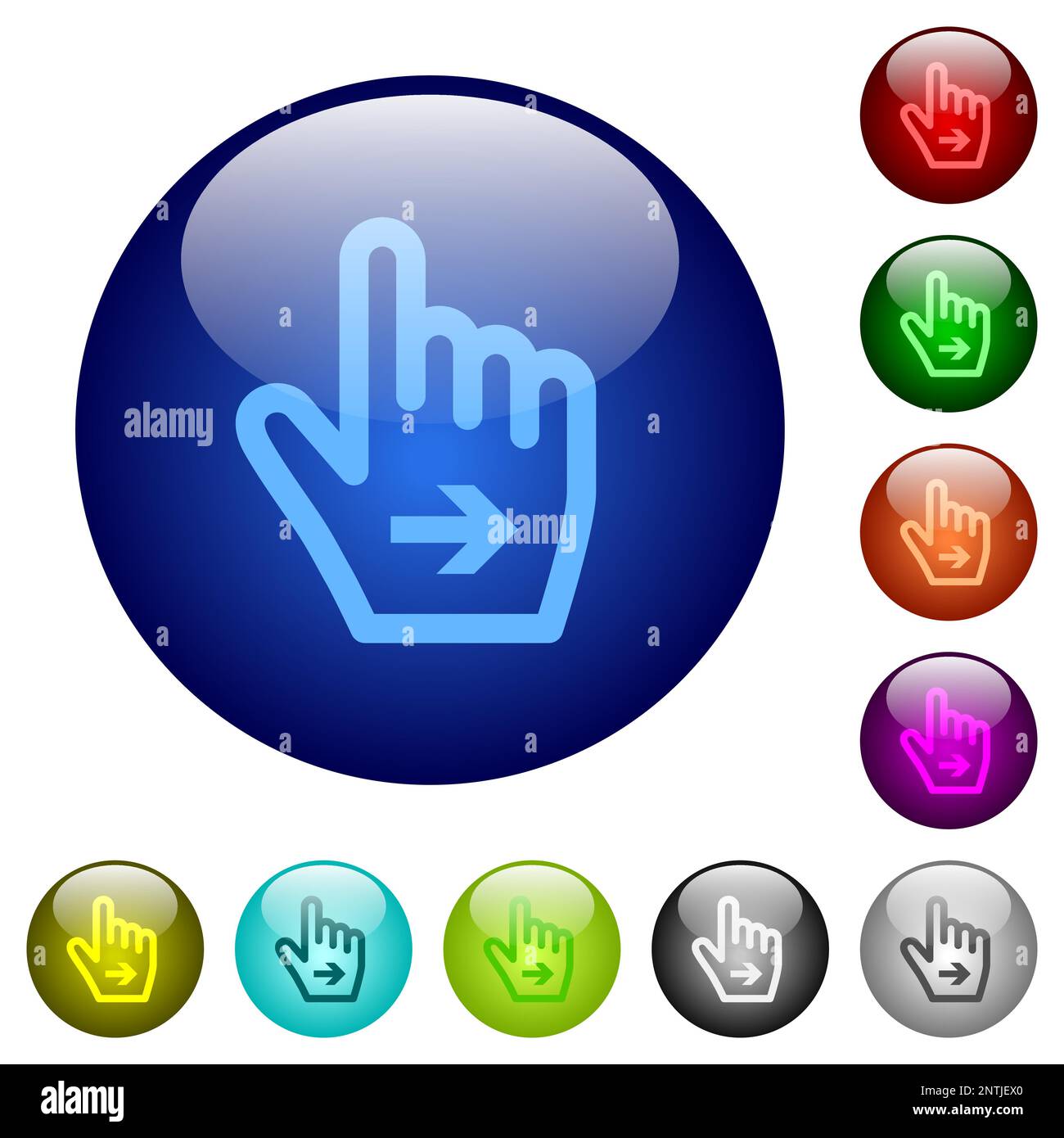 Hand cursor right outline icons on round glass buttons in multiple ...