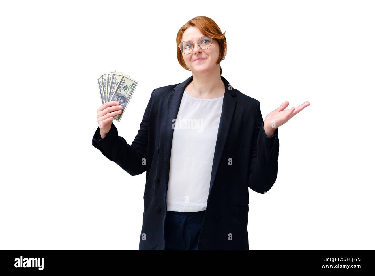 Happy teacher holding money, us dollars at the blackboard, copy space ...