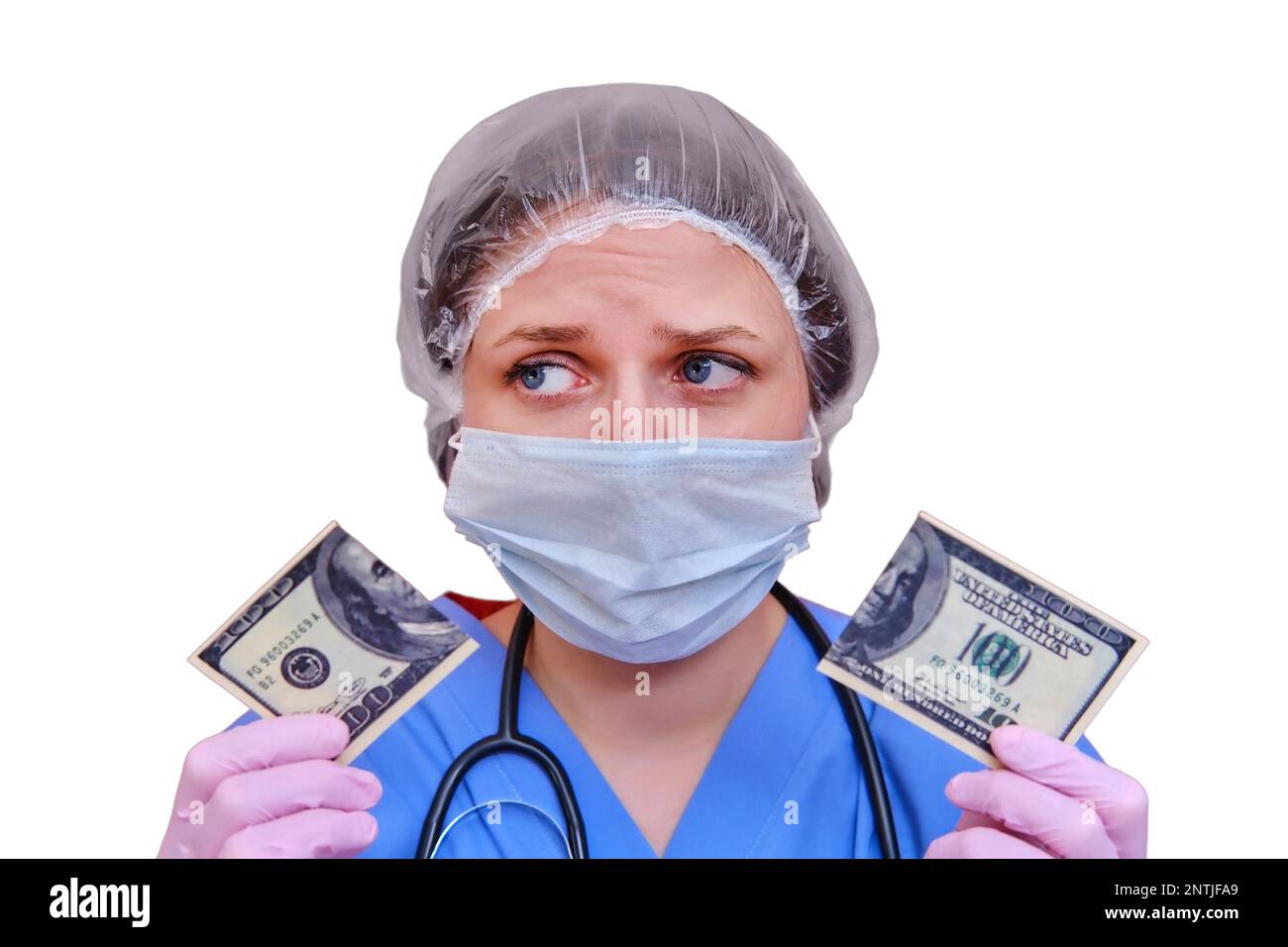 A blue uniform doctor is upset about money problems, isolated on a ...