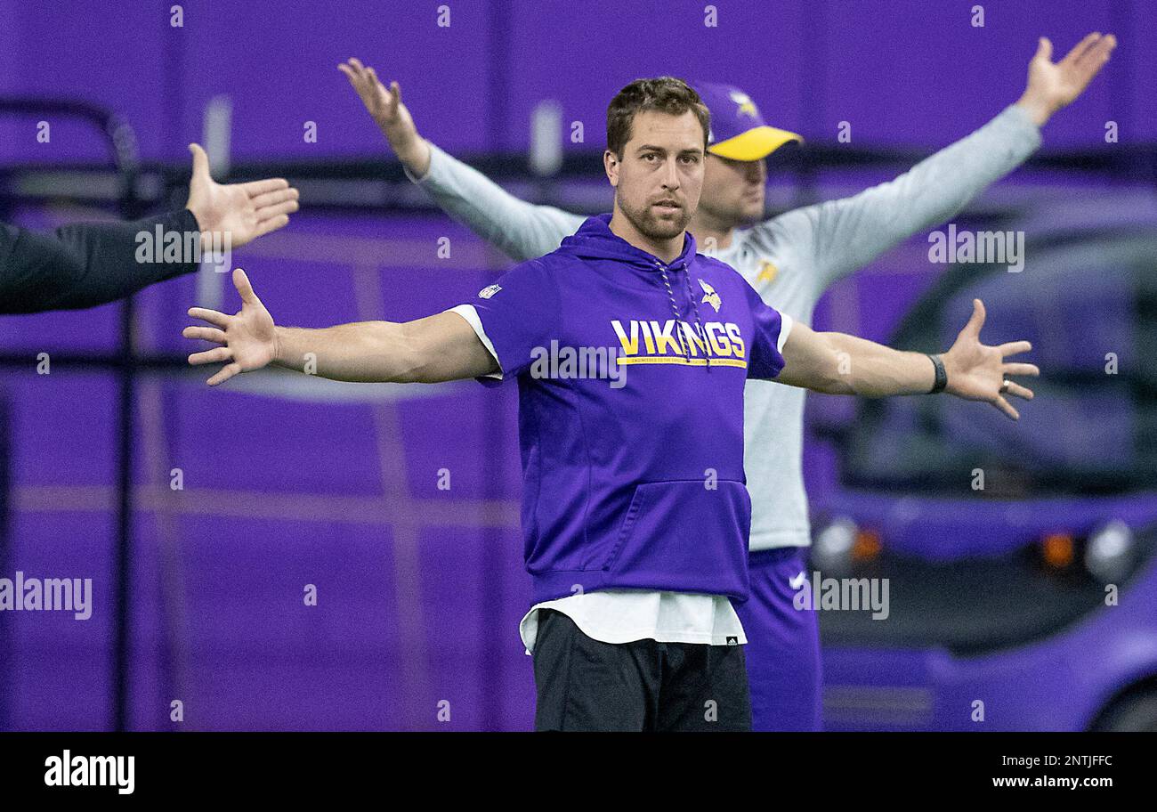 Minnesota Vikings wide receiver Adam Thielen stretches before practice ...