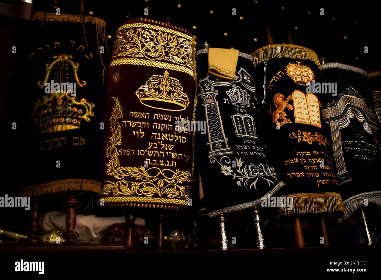 This March 27, 2019 photo shows the Torah scrolls in the ark of Em ...