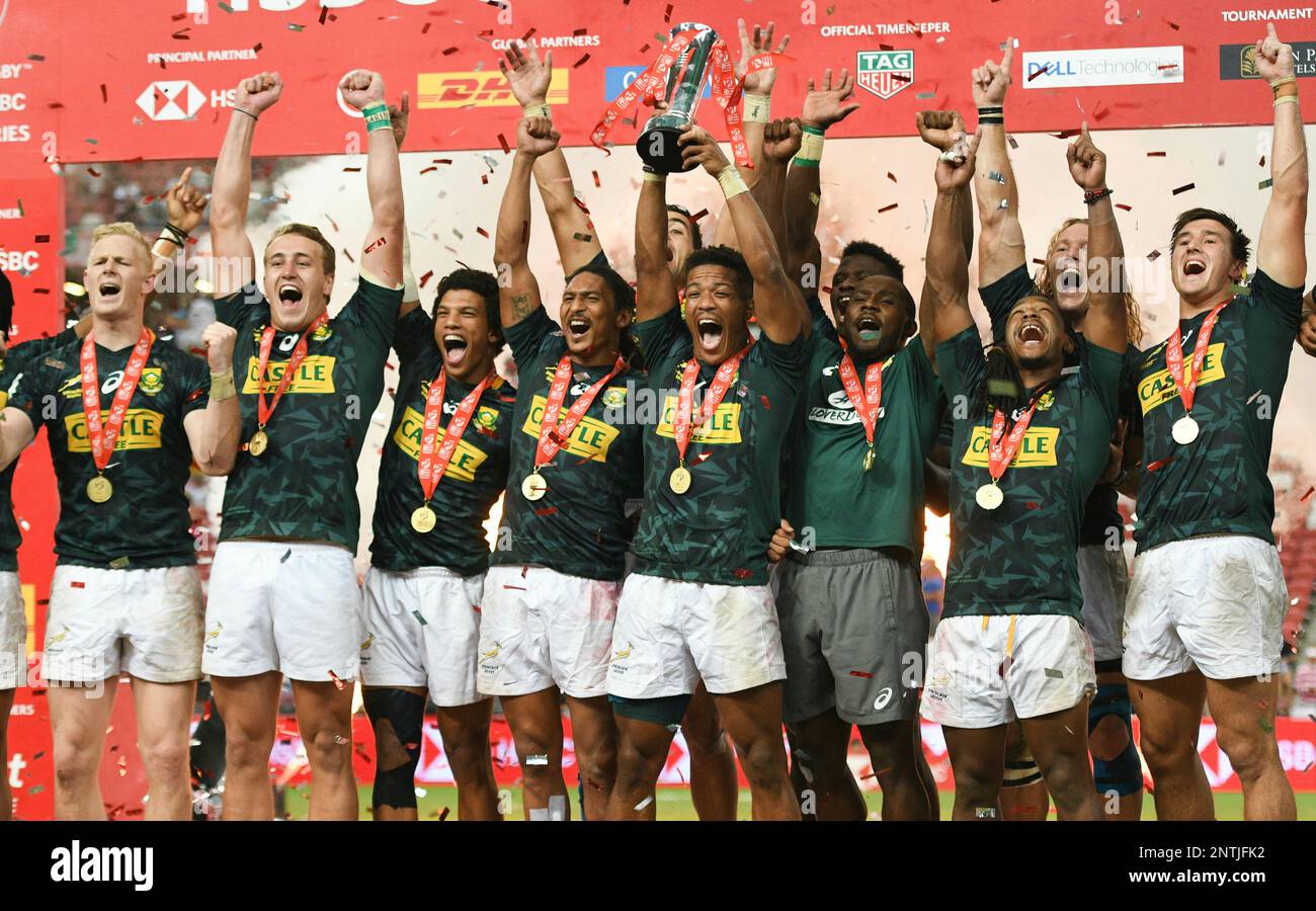 South Africa players celebrate after winning the HSBC Singapore Rugby ...