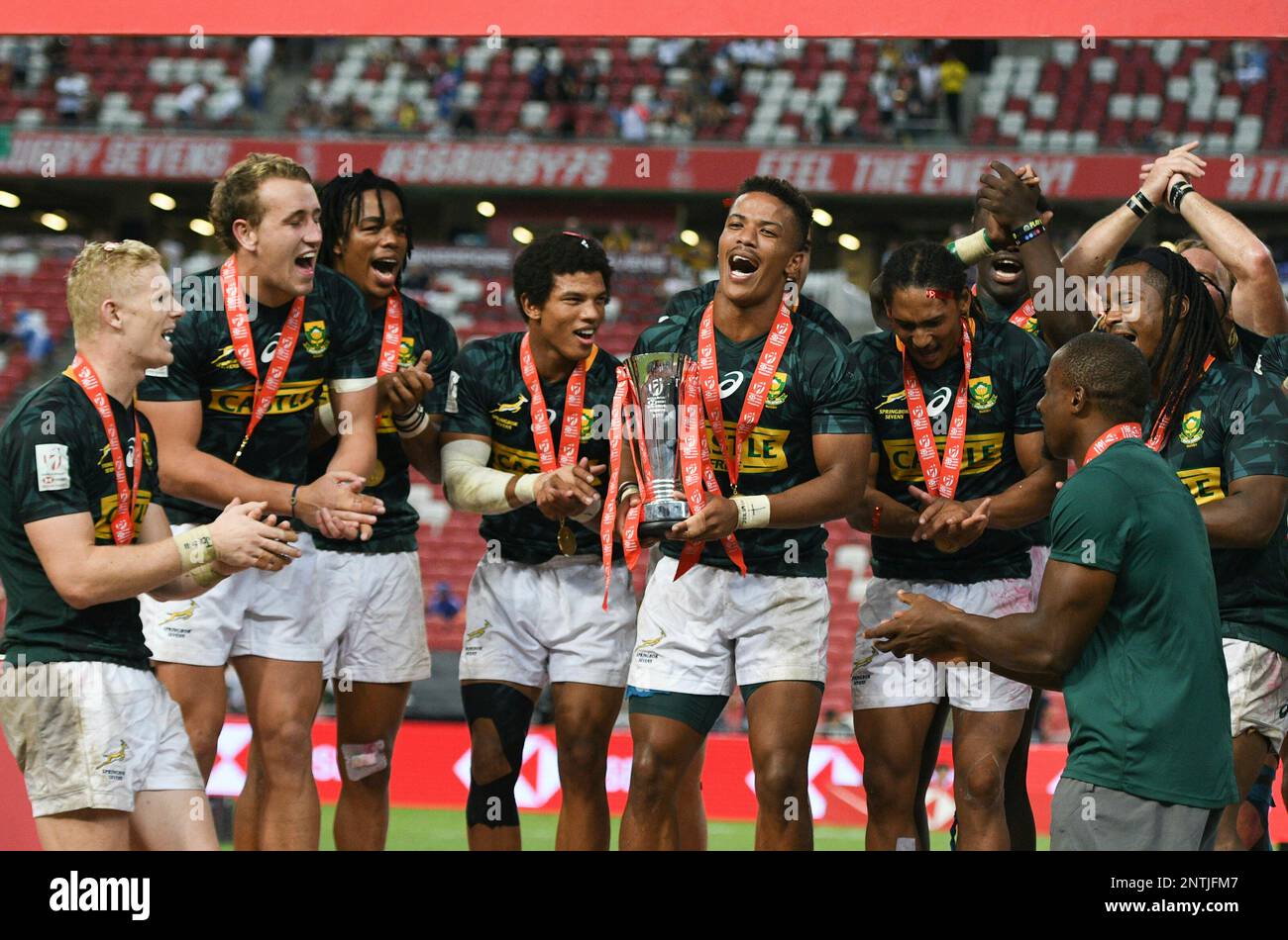 South Africa players celebrate after winning the HSBC Singapore Rugby ...