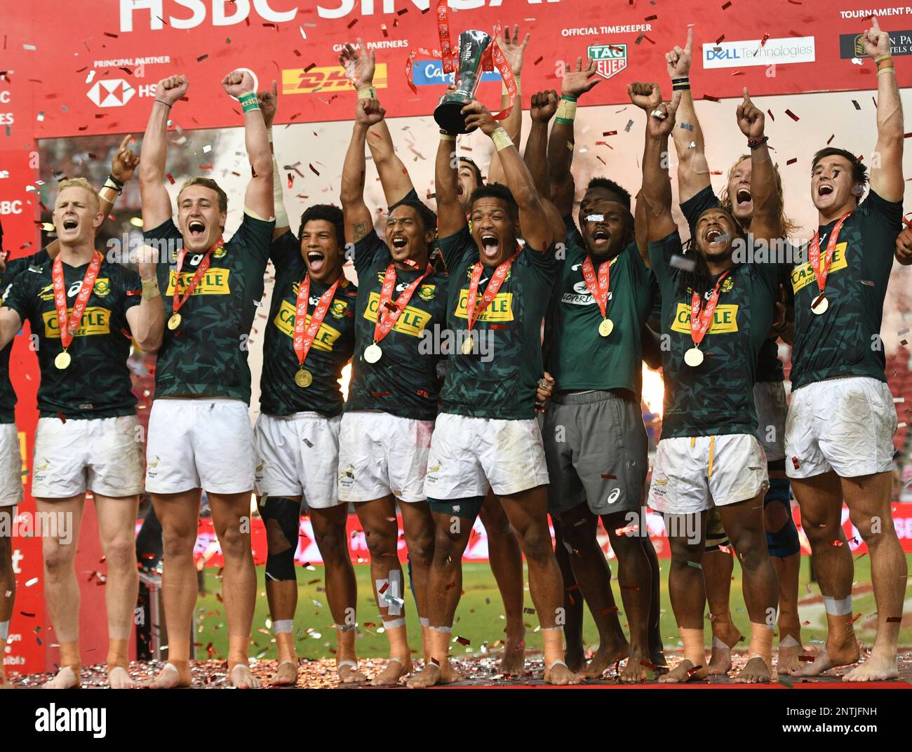 South Africa players celebrate after winning the HSBC Singapore Rugby ...