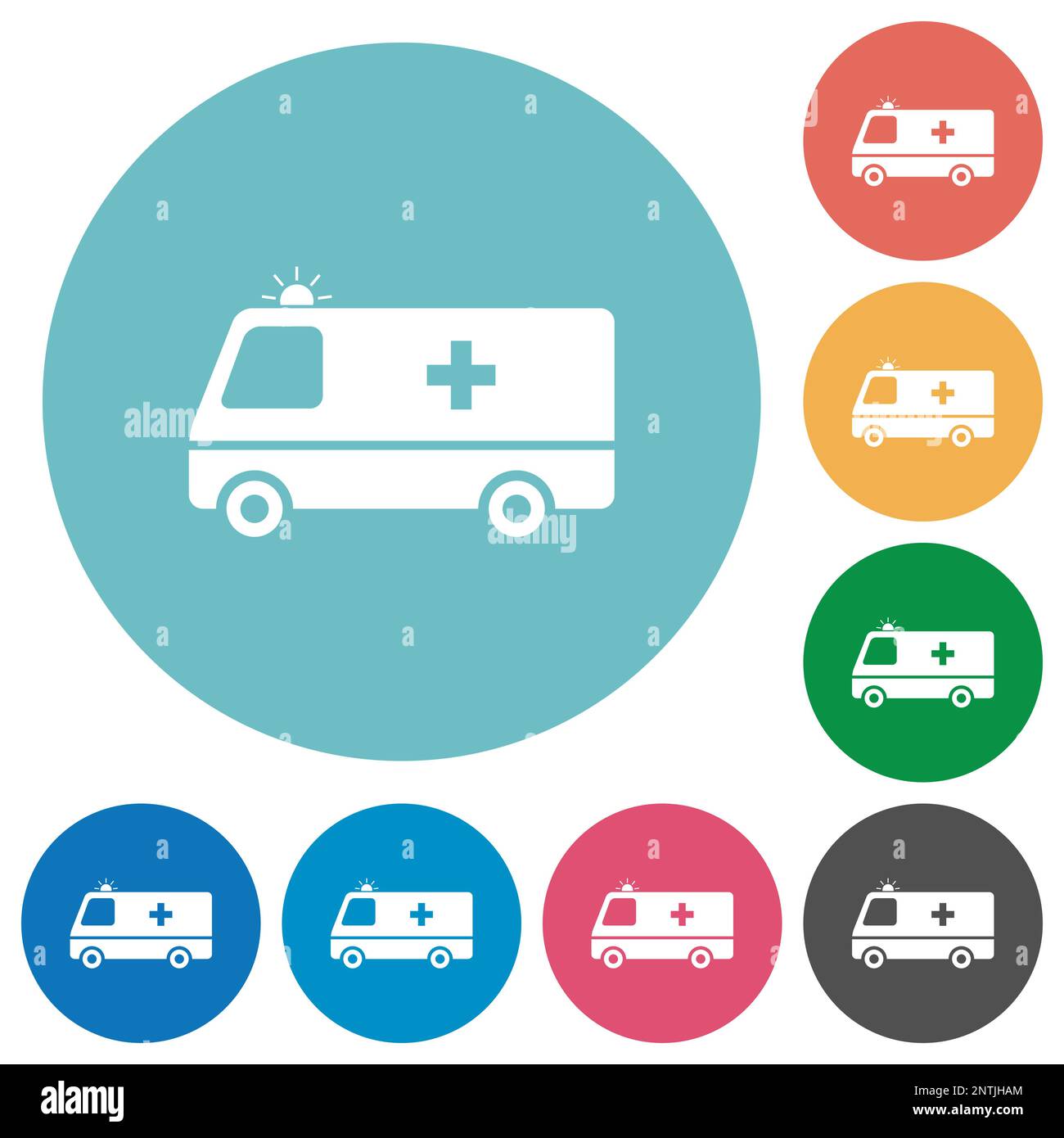 Flashing ambulance car side view flat white icons on round color ...