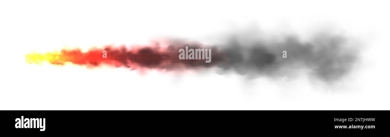 Realistic black smoke with fire, space rocket launch trail. Fire burst ...