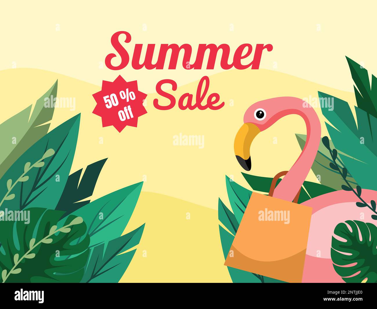 Illustration of summer sale banner with tropical leaves and flowers and ...