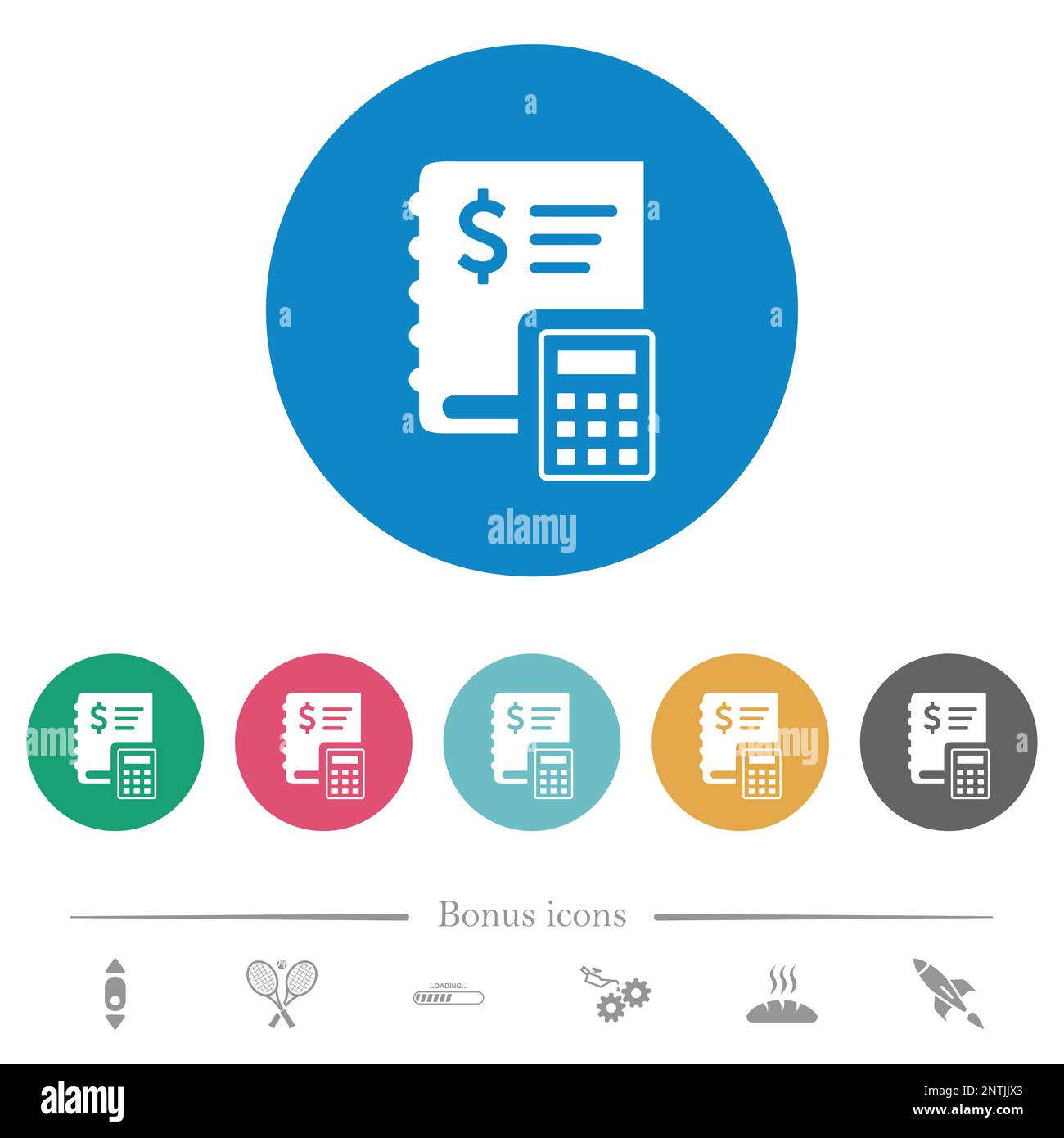 Dollar ledger flat white icons on round color backgrounds. 6 bonus ...