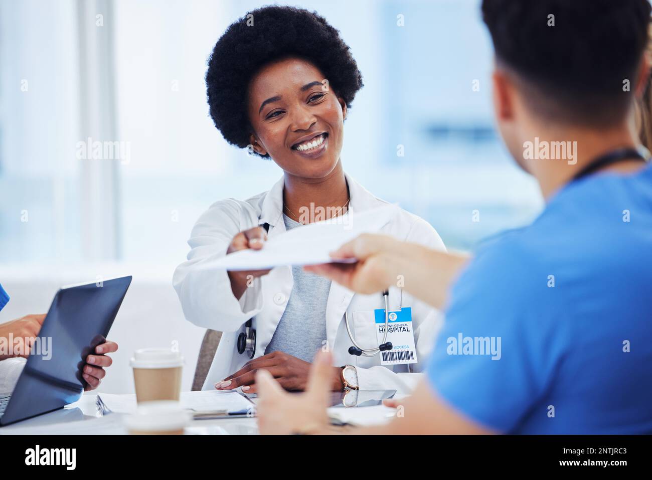 Healthcare, black woman and doctors with documents, feedback and review ...