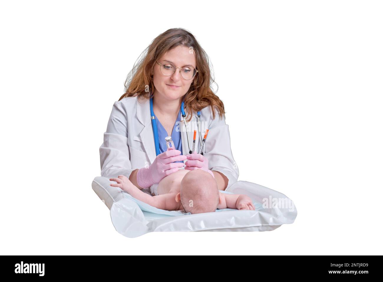 The doctor uses a syringe to inject a newborn child, isolated on a ...