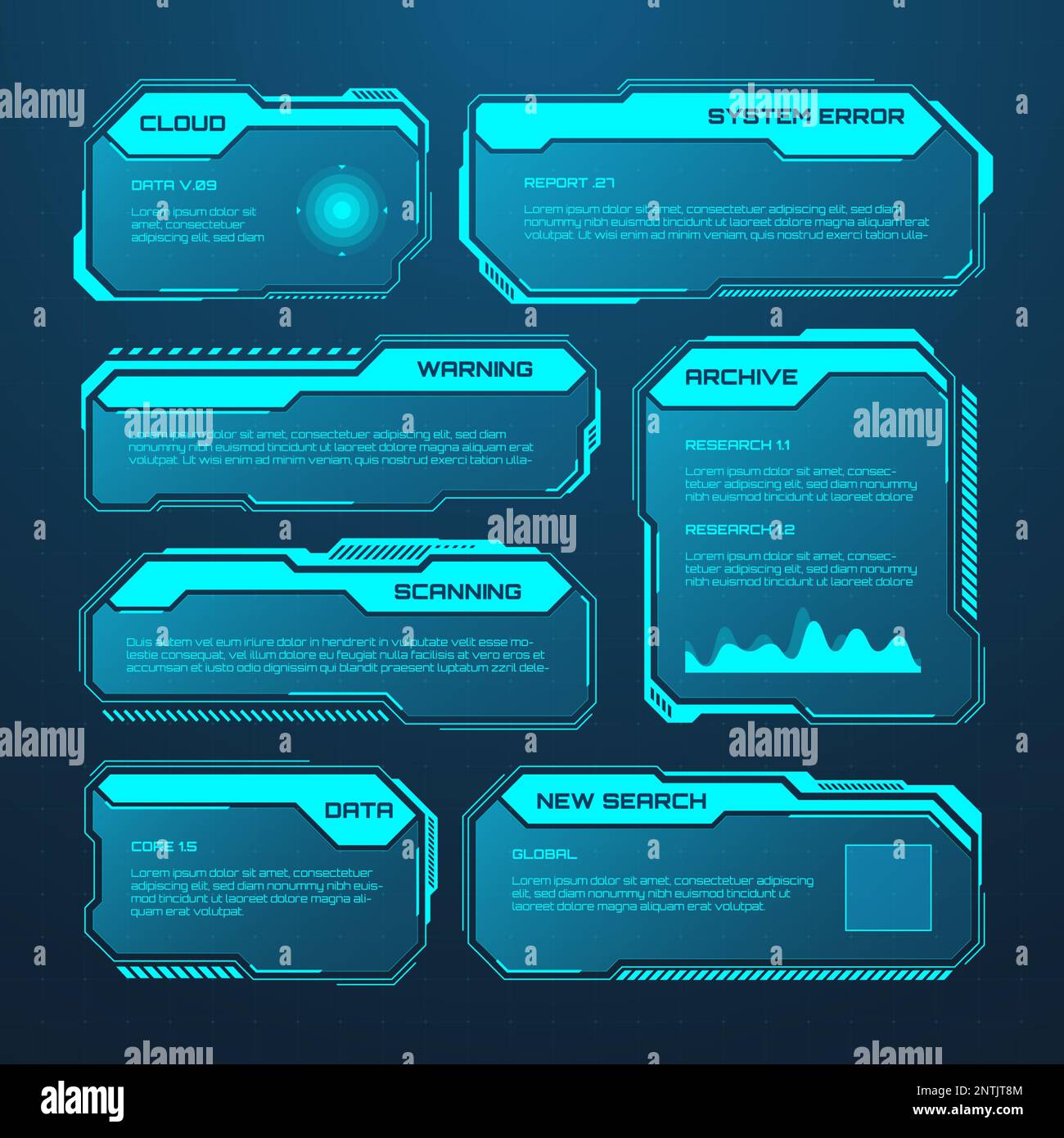 Blue futuristic HUD or UI elements. Sci-fi user interface text boxes, callouts. Warning message ...