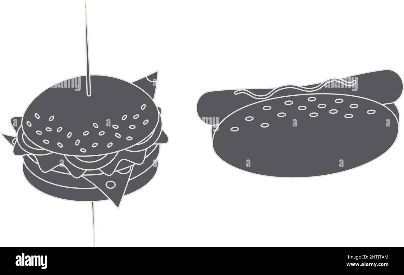 Set of Grayscale image of hamburger on a skewer and hot dog. Fast Food ...