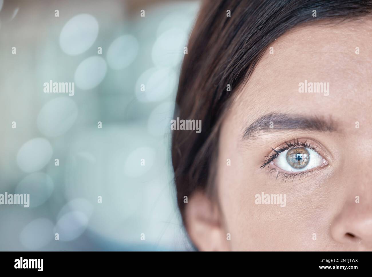 Eye, scan and mockup with a woman using cybersecurity or facial ...