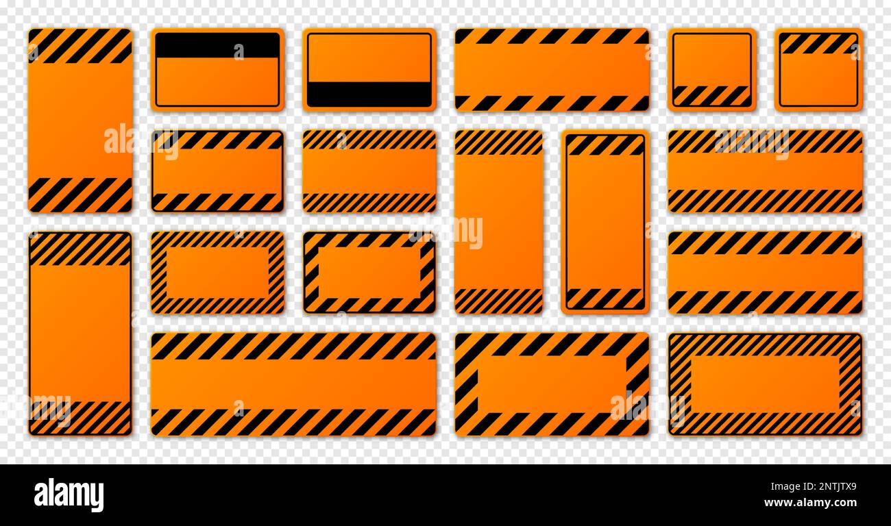 Various black and orange warning signs with diagonal lines. Attention ...