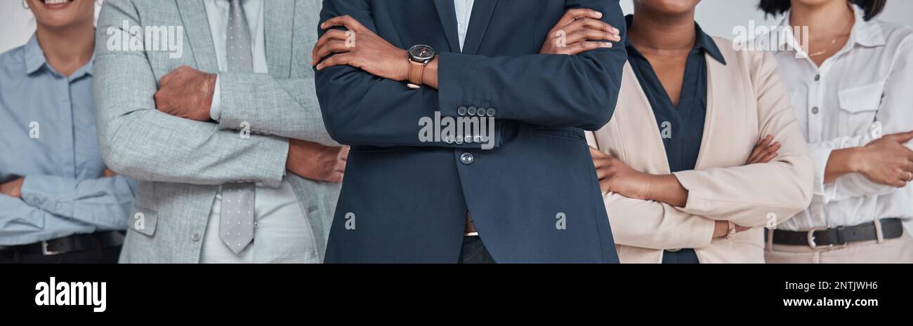 Office, management and group of business people with arms crossed, confidence and diversity at ...