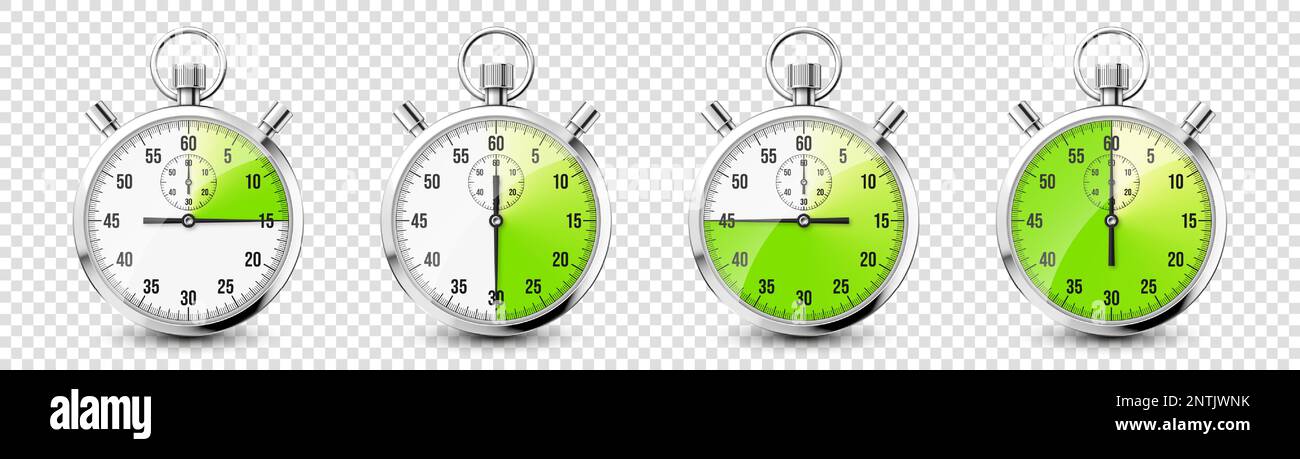 Realistic classic stopwatch icons. Shiny metal chronometer time counter ...