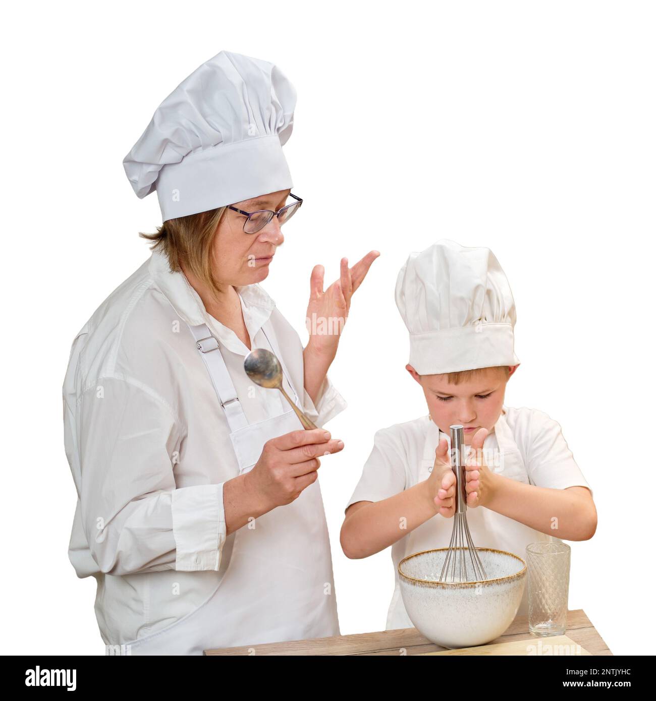 Mother and son cooking apple pie in the home kitchen, isolated on a ...