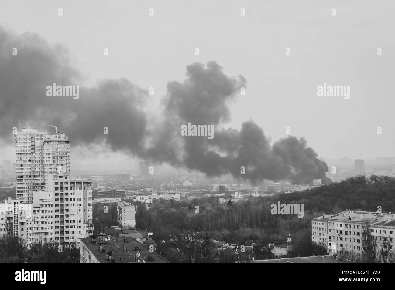 Black smoke from explosion in Kyiv, Ukraine. Russian invasion to ...