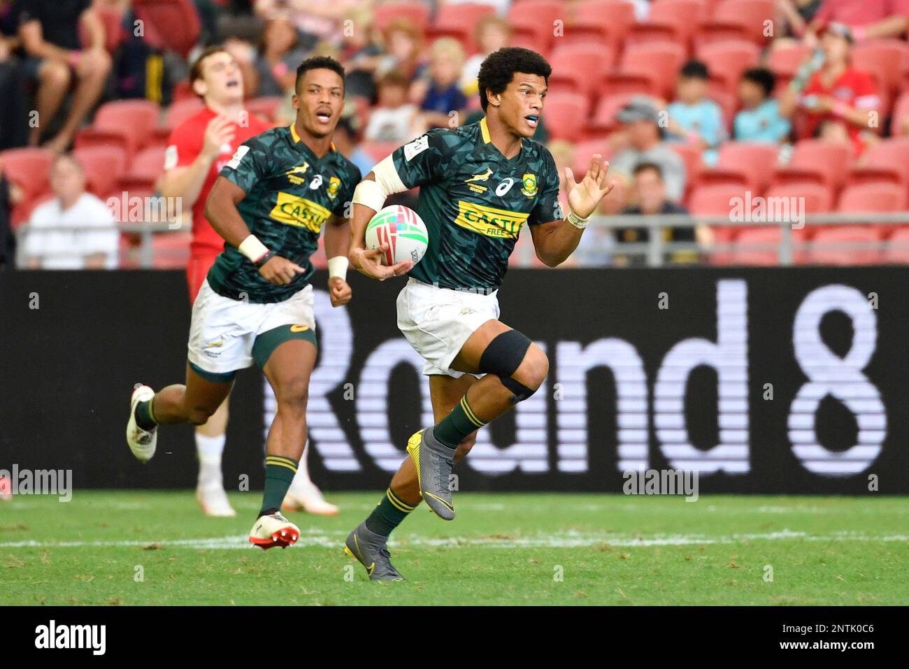 South Africa's Kurt-Lee Arendse runs in for a try during the HSBC ...