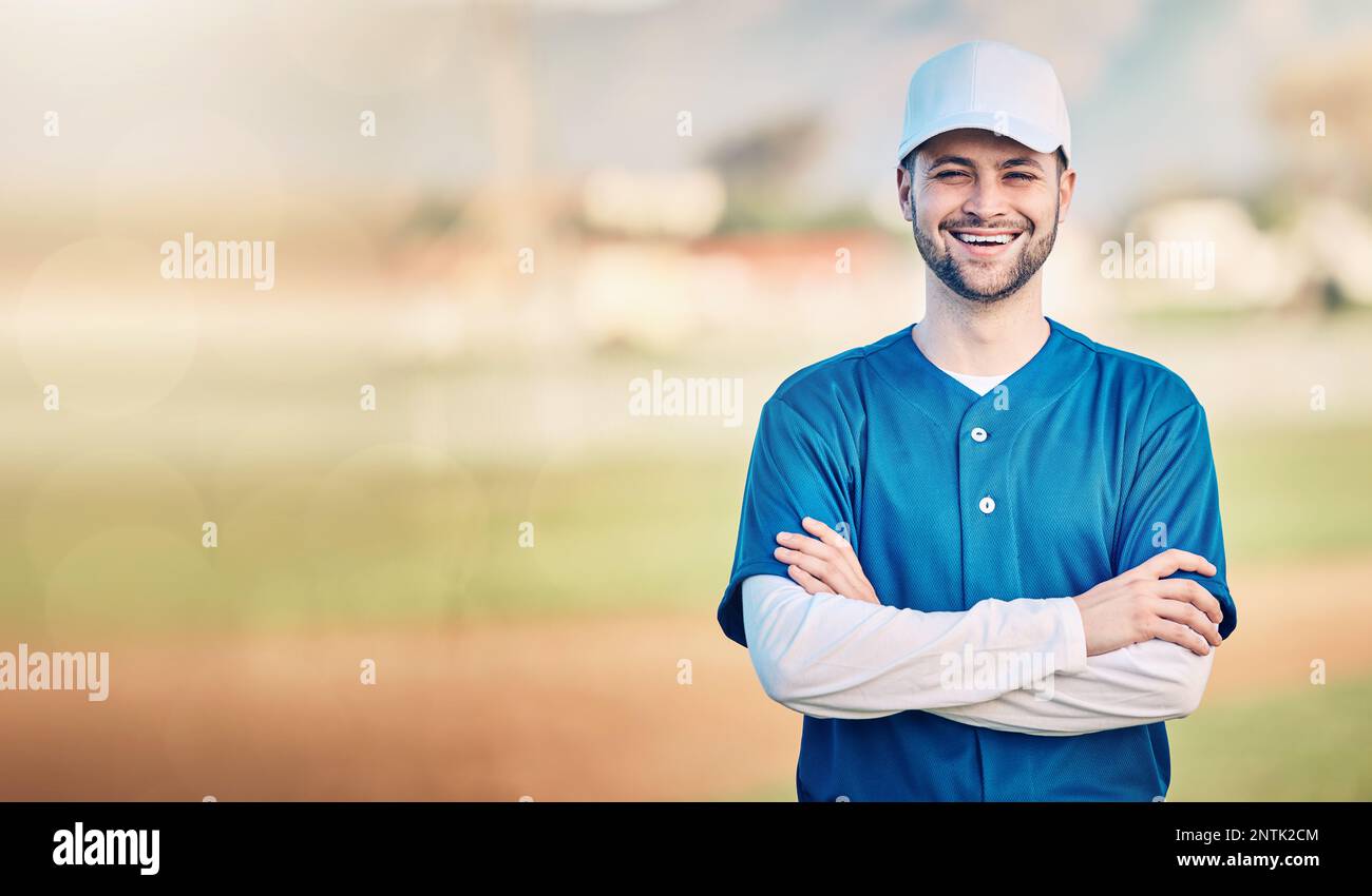 Portrait, smile and mockup with a baseball man standing arms crossed ...