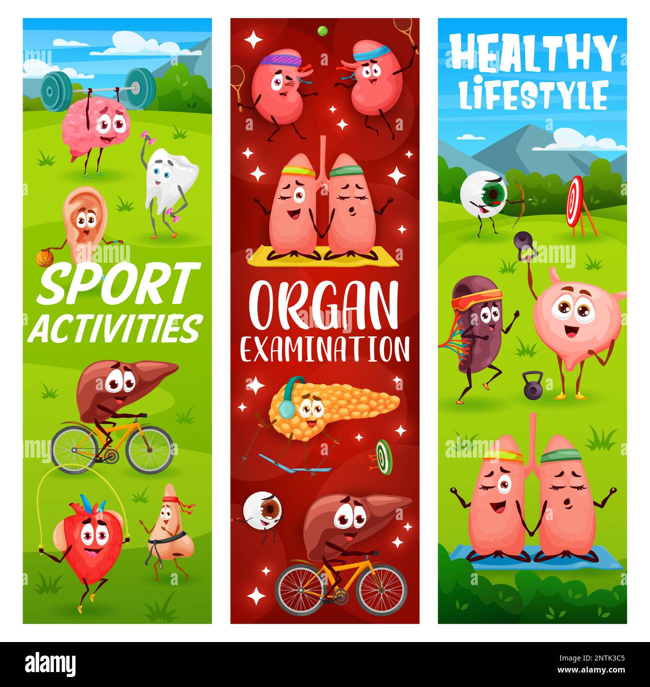 Healthy lifestyle, sports activity with cartoon funny human organs ...