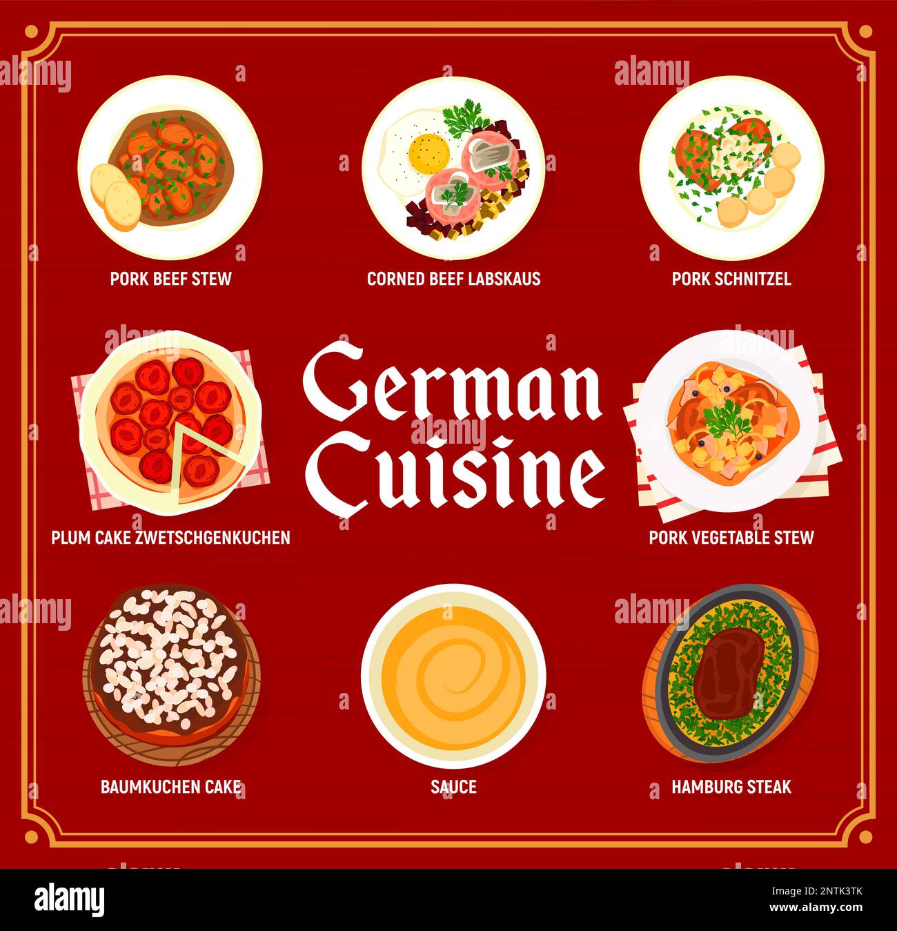 German cuisine restaurant meals menu. Pork beef stew, sauce and ...